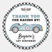 Blue Race Car Fast One Boy Birthday Party Classic Round Sticker | Zazzle