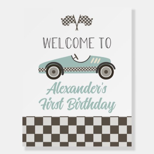 blue Race Car First Birthday Welcome Foam Board | Zazzle
