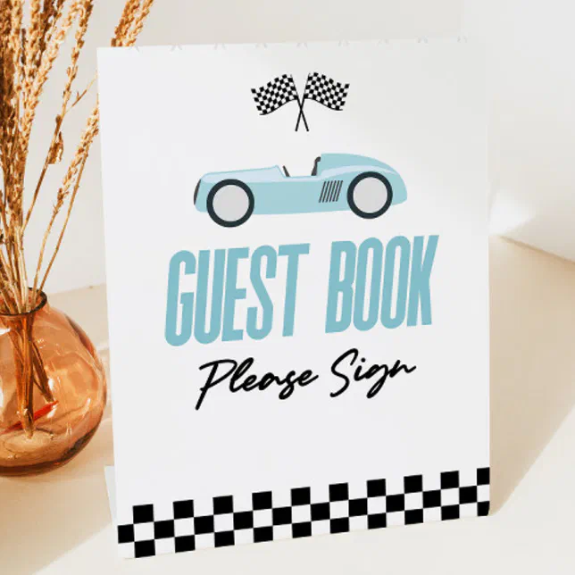 Blue Race Car Guest Book Party Pedestal Sign | Zazzle
