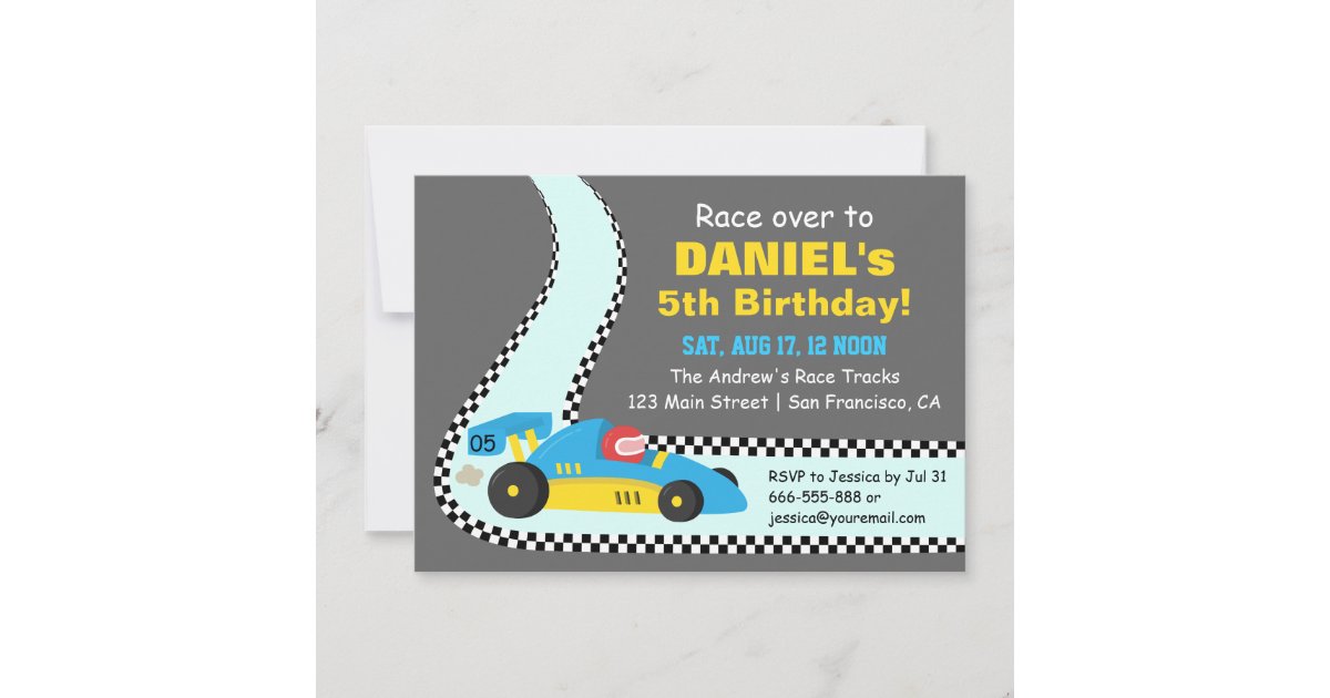 Blue Race Car Kids Birthday Party Invitations | Zazzle