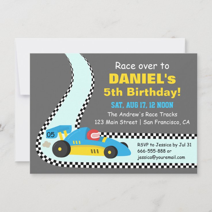 Blue Race Car Kids Birthday Party Invitations | Zazzle