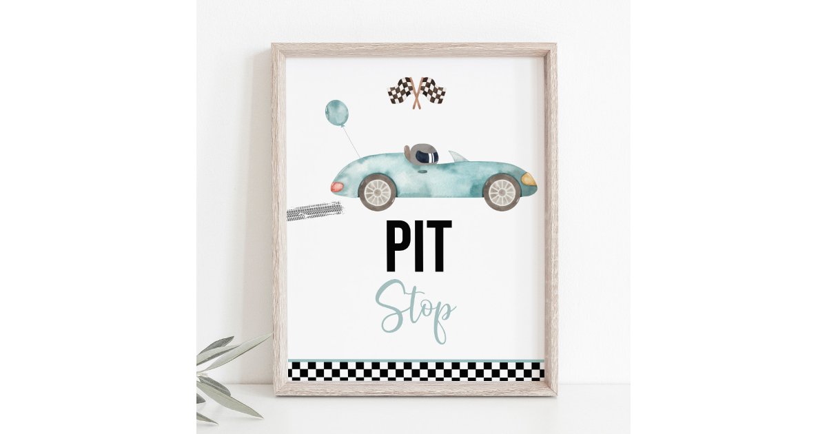 Blue Race Car Pit Stop Birthday Sign | Zazzle