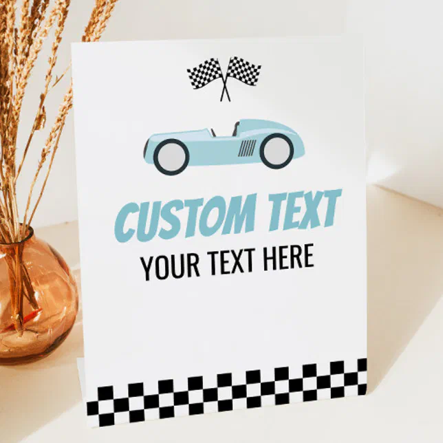 Blue Race Car Racecar Custom Text Party Pedestal Sign | Zazzle