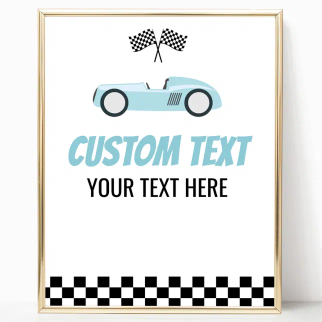Blue Race Car Racecar Custom Text Party Sign | Zazzle