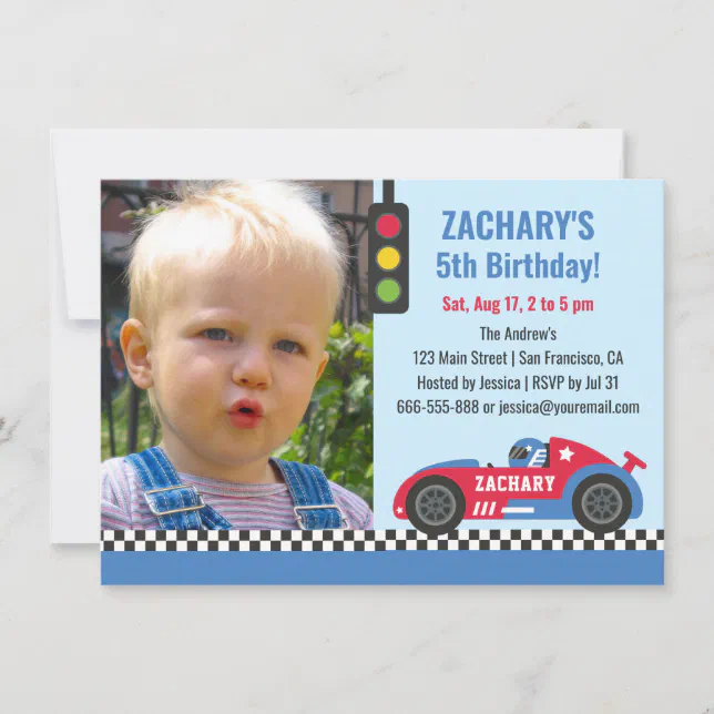 Blue Race Car Themed Boys Birthday Party Photo Invitation | Zazzle