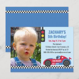 Blue Race Car Themed Boys Birthday Party Photo Invitation | Zazzle