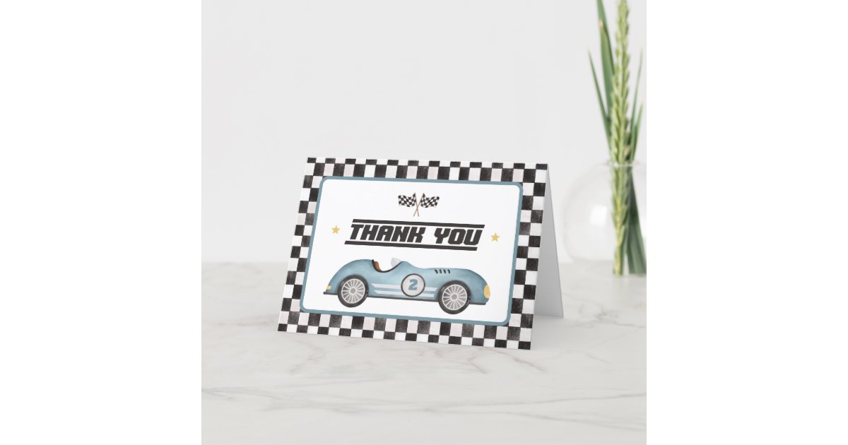 Blue Race Car Two Fast Boy Birthday Party Thank You Card | Zazzle