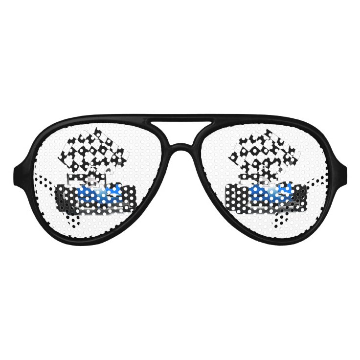 Blue Race Car with Checkered Flag Aviator Sunglasses | Zazzle