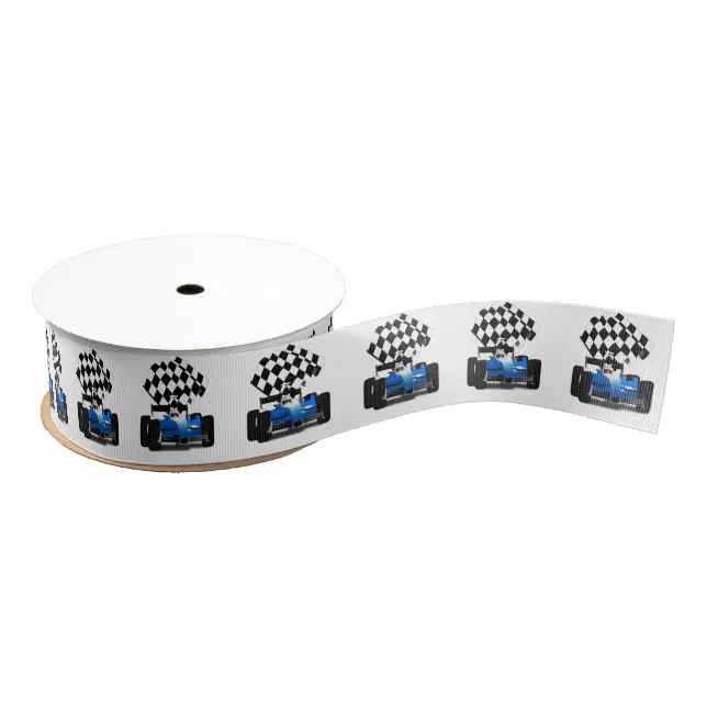 Blue Race Car with Checkered Flag Grosgrain Ribbon | Zazzle