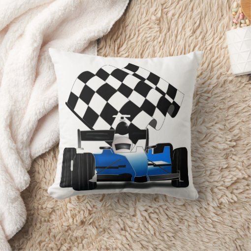 Blue Race Car with Checkered Flag Throw Pillow | Zazzle