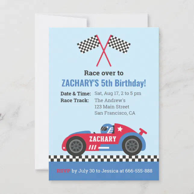 Blue Racing Car Kids Birthday Party Invitation | Zazzle