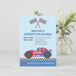 Blue Racing Car Kids Birthday Party Invitation | Zazzle