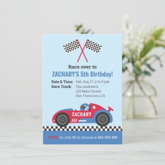 Blue Racing Car Kids Birthday Party Invitation | Zazzle