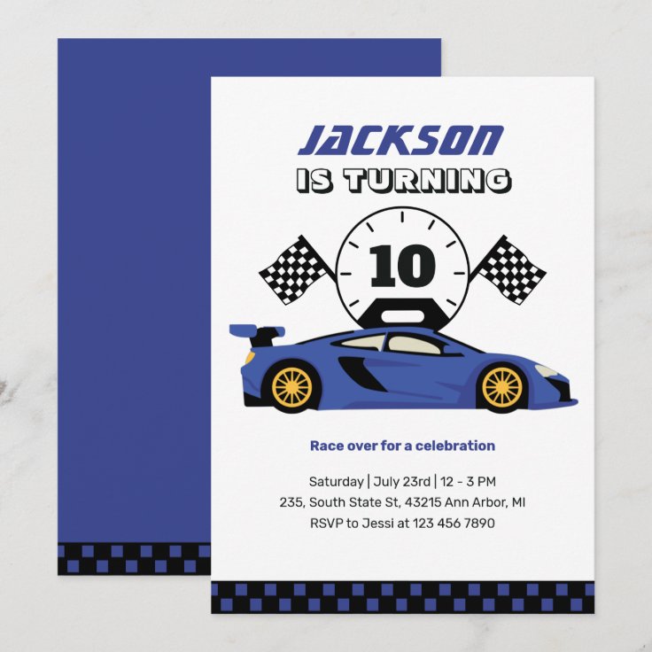 Blue Racing Car Race Kids Boys Birthday Invitation | Zazzle