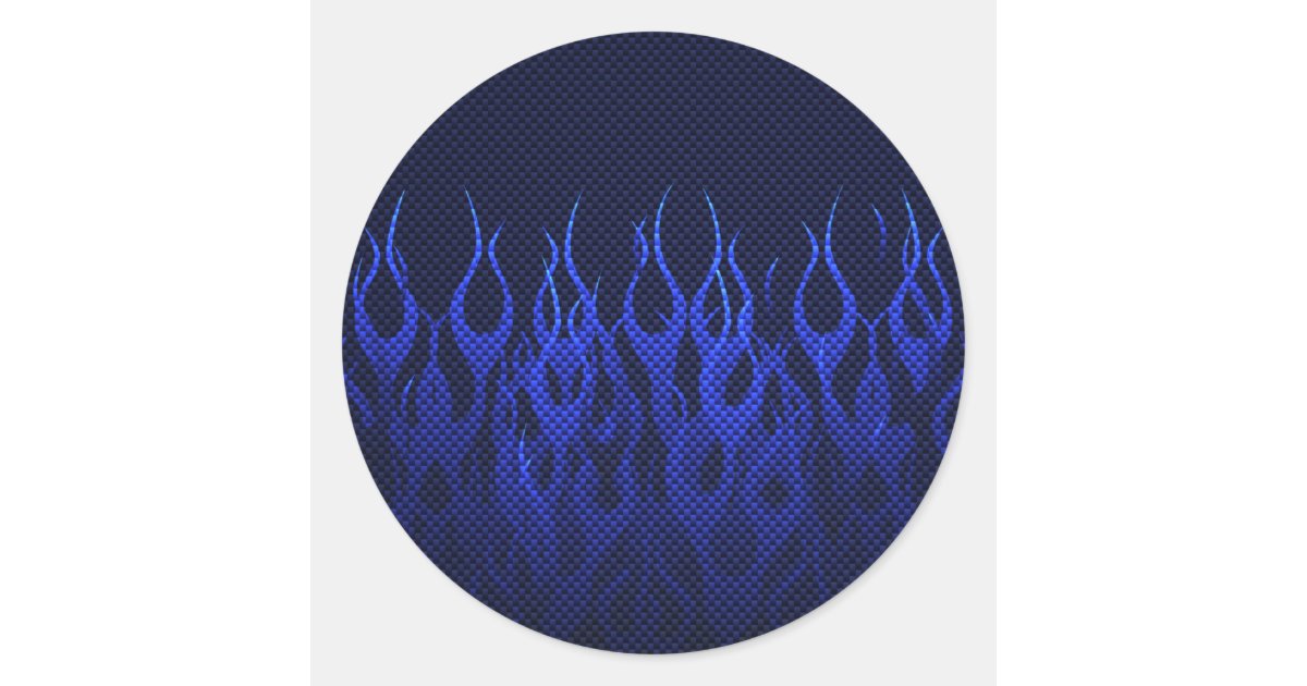 Blue Racing Flames on Carbon Fiber Print Classic Round Sticker | Zazzle
