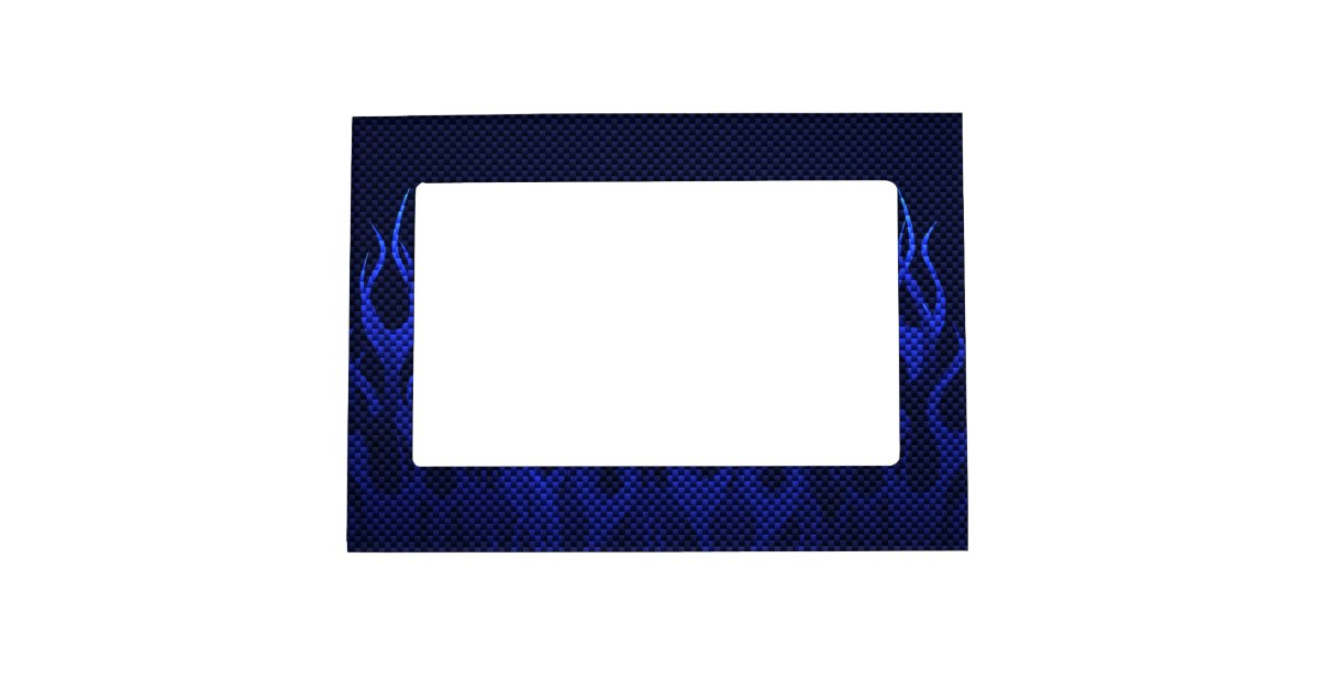 Blue Racing Flames on Carbon Fiber Print Magnetic Picture Frame | Zazzle