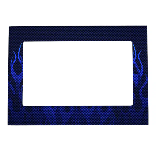 Blue Racing Flames on Carbon Fiber Print Magnetic Picture Frame | Zazzle