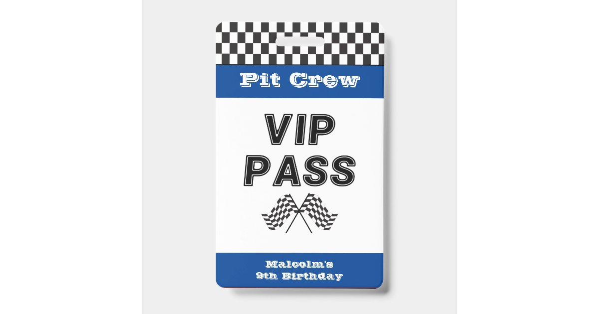 Blue Racing Party Pit Crew VIP Pass Pit Stop Badge | Zazzle