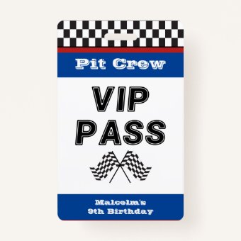 Blue Racing Party Pit Crew VIP Pass Pit Stop Badge | Zazzle