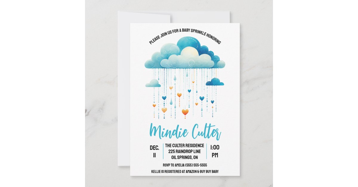 Blue Rain Cloud with Heart Drops Baby Sprinkle Invitation | Zazzle
