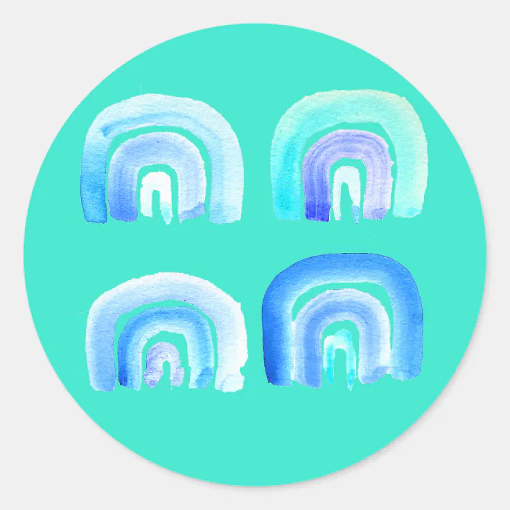 Blue rainbow retro turquoise classic round sticker | Zazzle