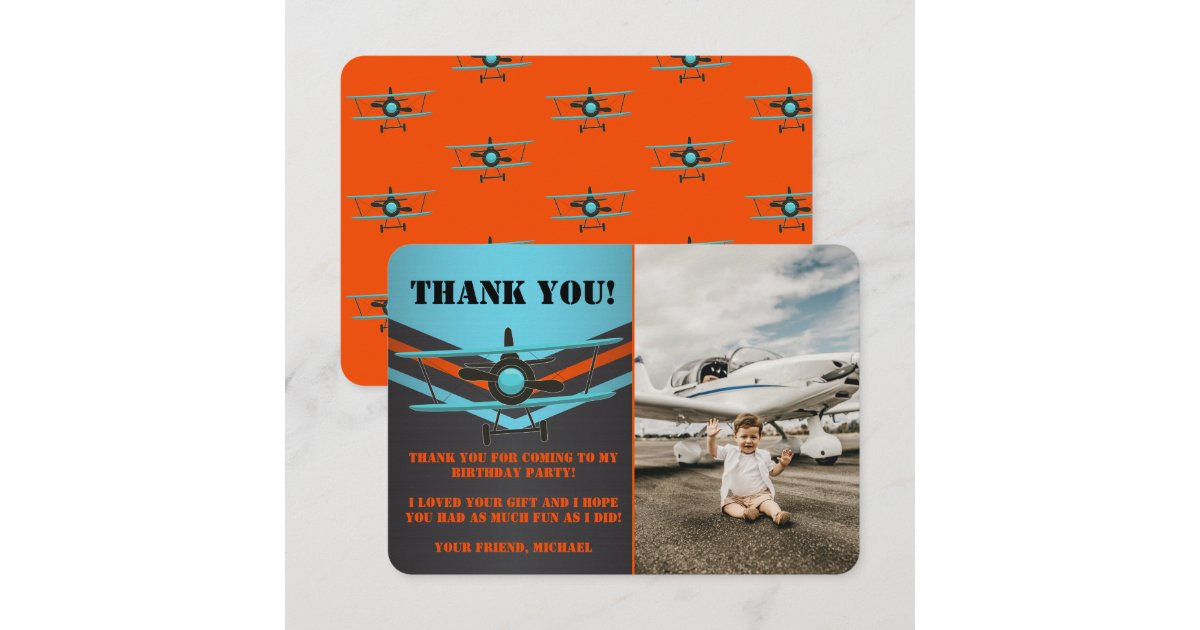 Blue, Red, Airplane Aviation Birthday Photo Thank You Card | Zazzle