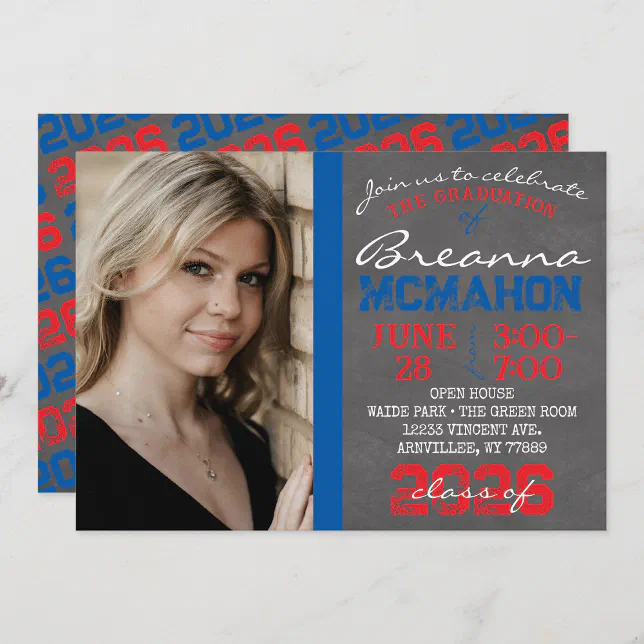 Blue & Red Chalkboard Graduation Invitation | Zazzle
