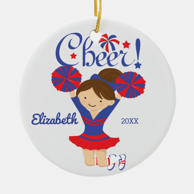 Blue & Red Cheer Brunette Cheerleader Ornament | Zazzle