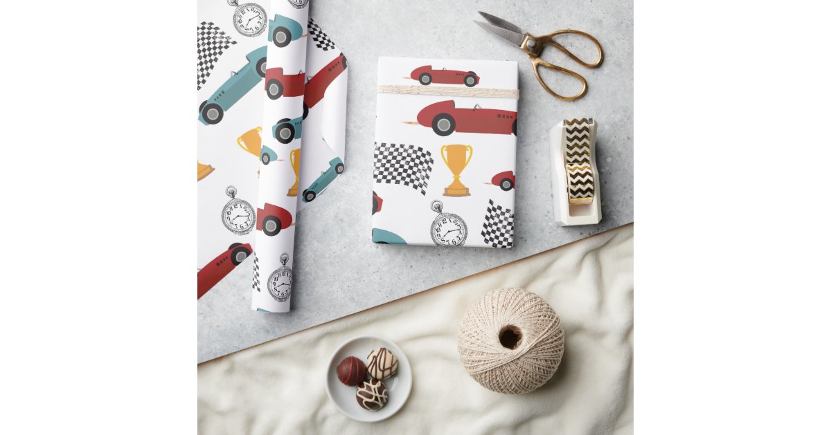 Blue & Red Fast Retro Vintage Racing Cars Wrapping Paper | Zazzle