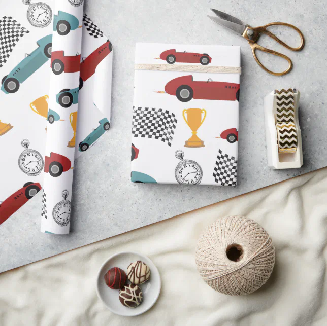 Blue & Red Fast Retro Vintage Racing Cars Wrapping Paper | Zazzle