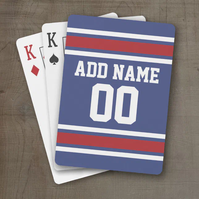 Blue Red Football Jersey Custom Name Number Poker Cards | Zazzle