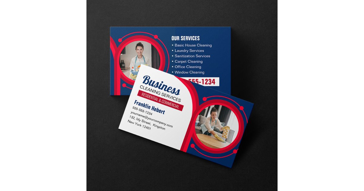 Blue & Red Maid House Cleaning Janitorial Clean Business Card | Zazzle