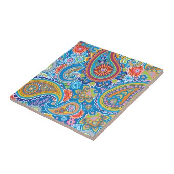 Blue, red, orange and yellow paisley ceramic tile | Zazzle