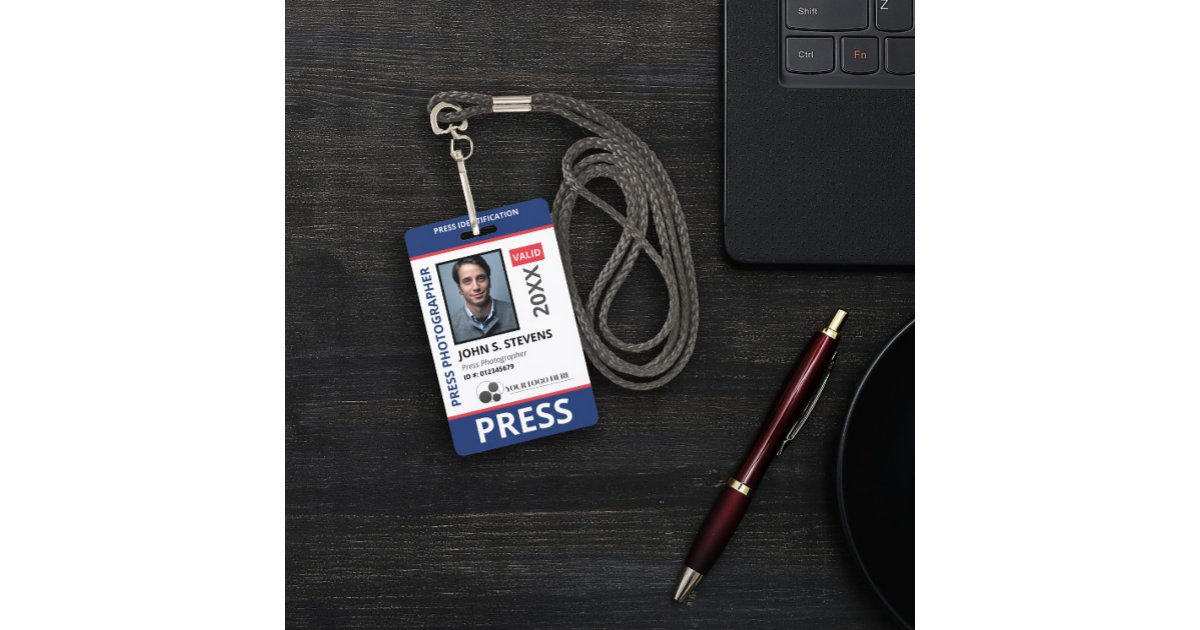 Blue Red Photo & Logo Press ID Badge | Zazzle