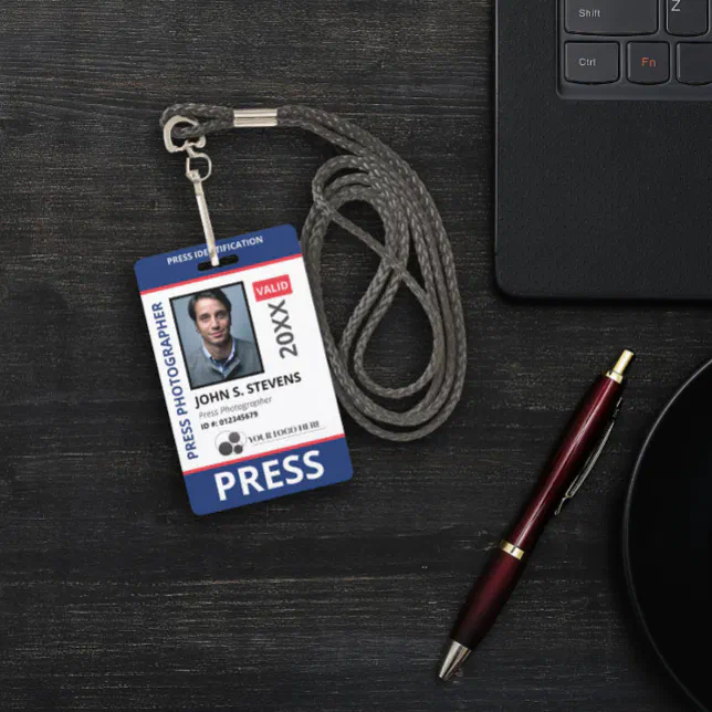 Blue Red Photo & Logo Press ID Badge | Zazzle