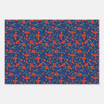Blue Red Poppies Mixed Floral Pattern & Polka Dots Wrapping Paper ...