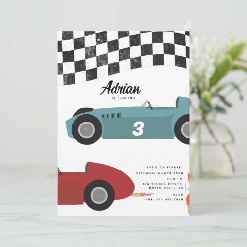 Blue Red Race Fast Retro Racing Cars Birthday Invitation | Zazzle