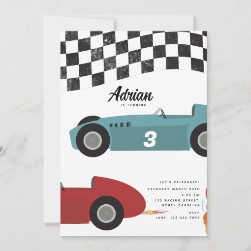 Blue Red Race Fast Retro Racing Cars Birthday Invitation | Zazzle