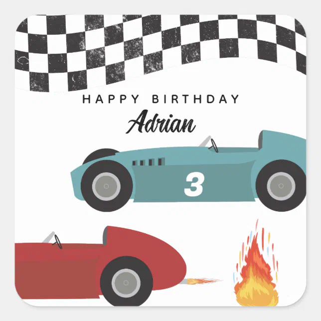 Blue Red Race Fast Retro Racing Cars Birthday Square Sticker | Zazzle