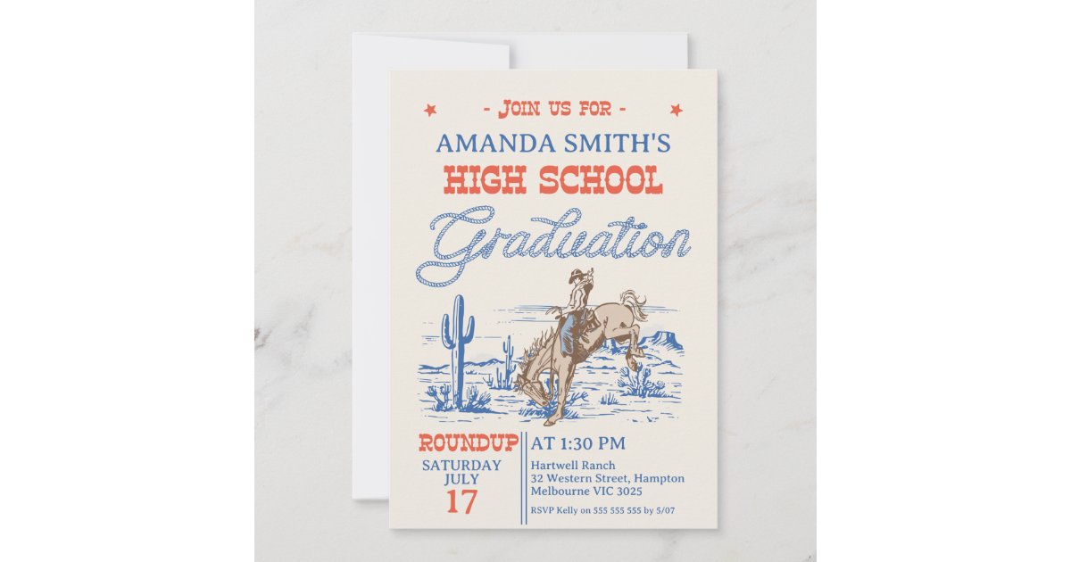 Blue Red Rodeo Cowboy High School Graduation Invitation | Zazzle