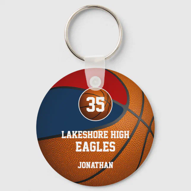 Blue red school colors boys' basketball team keychain | Zazzle