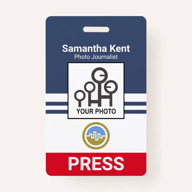 Blue Red Stripes Column Photo Template Press ID Badge | Zazzle