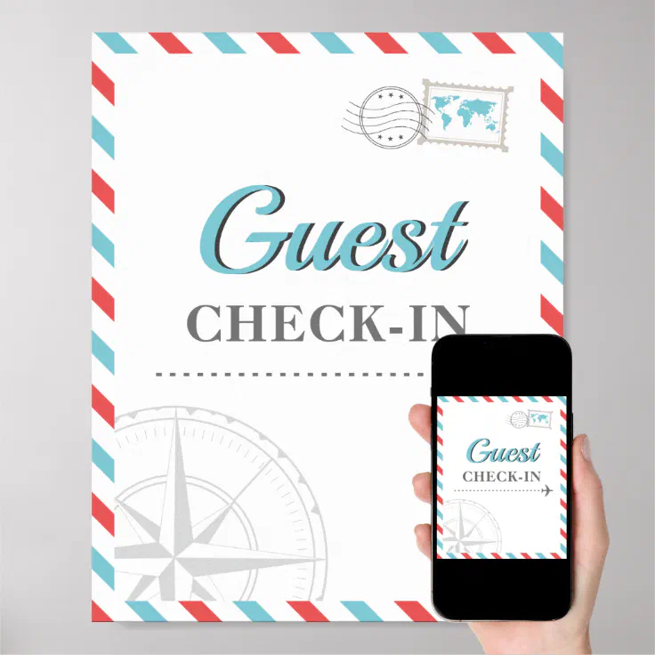 Blue Red Travel Airplane Guest Check-in Welcome Poster | Zazzle