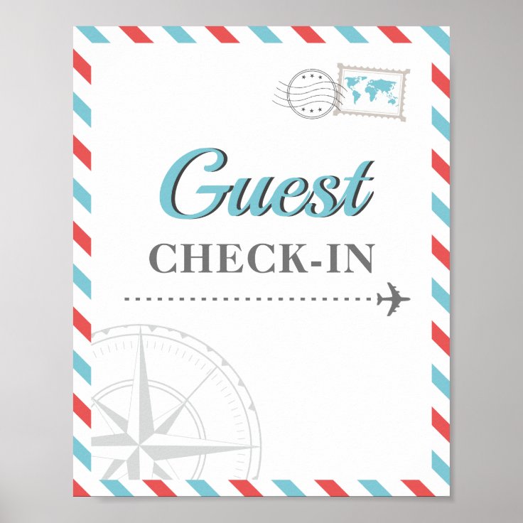 Blue Red Travel Airplane Guest Check-in Welcome Poster | Zazzle