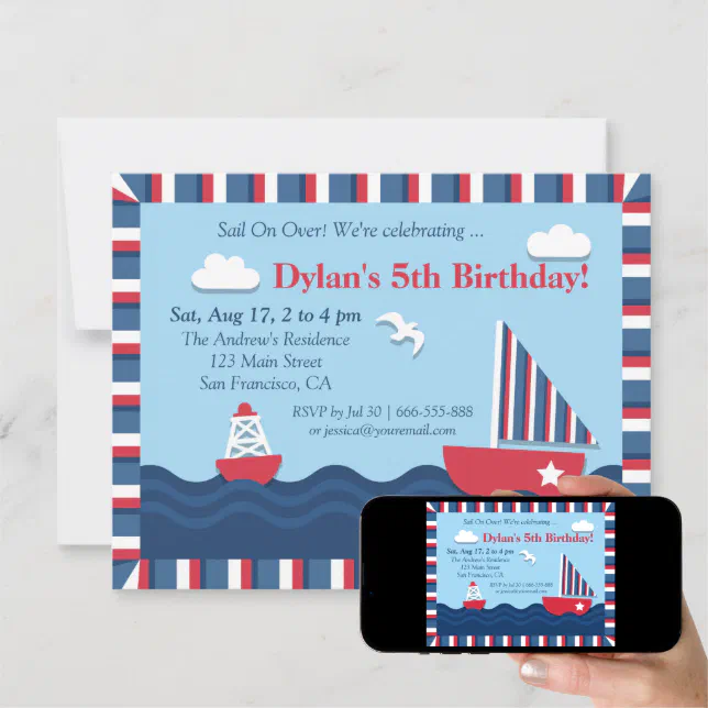 Blue Red White Nautical Theme Birthday Party Invitation | Zazzle