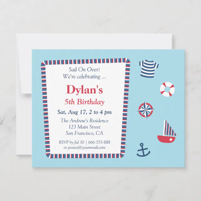Blue Red White Nautical Theme Birthday Party Invitation | Zazzle