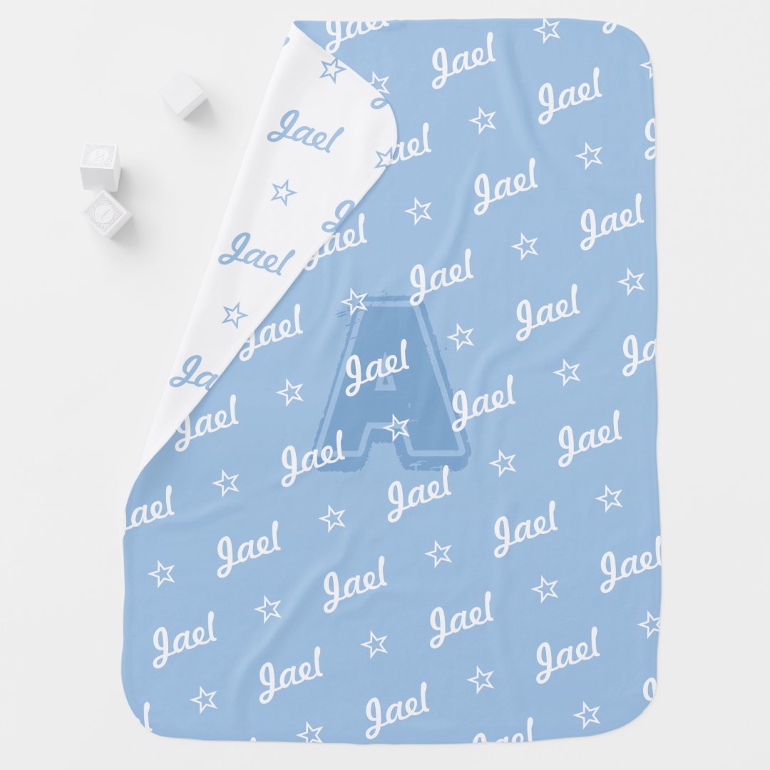 Blue repeat personalized name script & monogram baby blanket | Zazzle