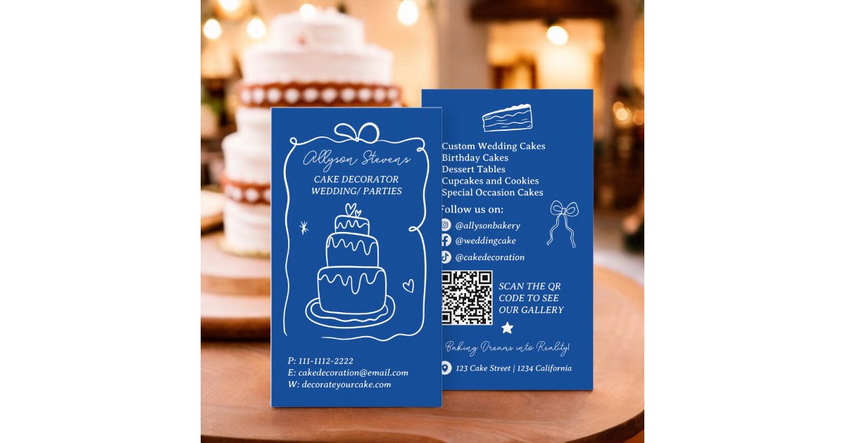 Blue Retro French Scribble cake decorator qr code Business Card | Zazzle