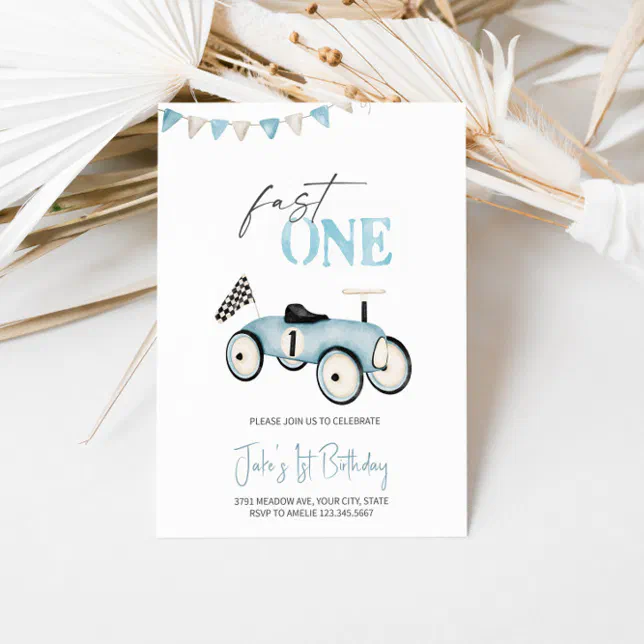 Blue Retro Race Car Ride-On Birthday Invitation | Zazzle