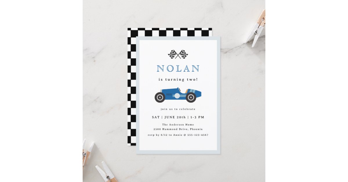 Blue Retro Race Car Theme Birthday Invitation | Zazzle